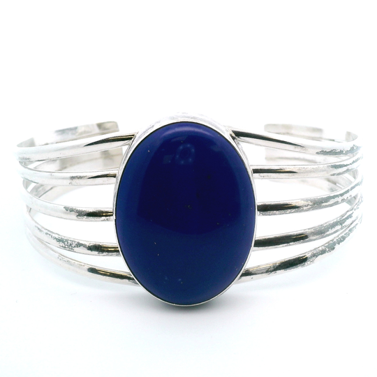 Estate Sterling Silver Multi-Row Design Cuff Bracelet w/ Oval Blue Stone